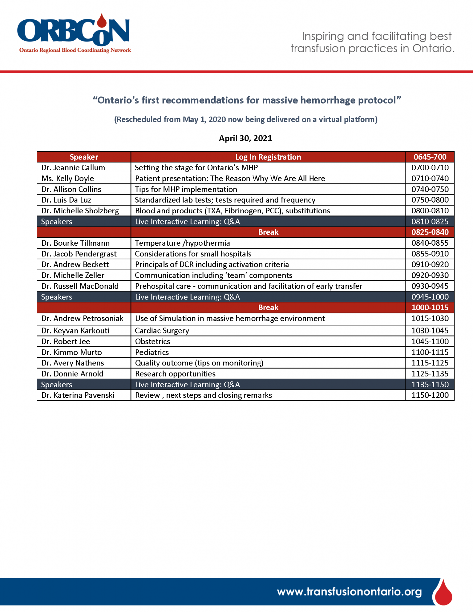 Ontario’s First Recommendations for Massive Hemorrhage Protocol – ORBCoN